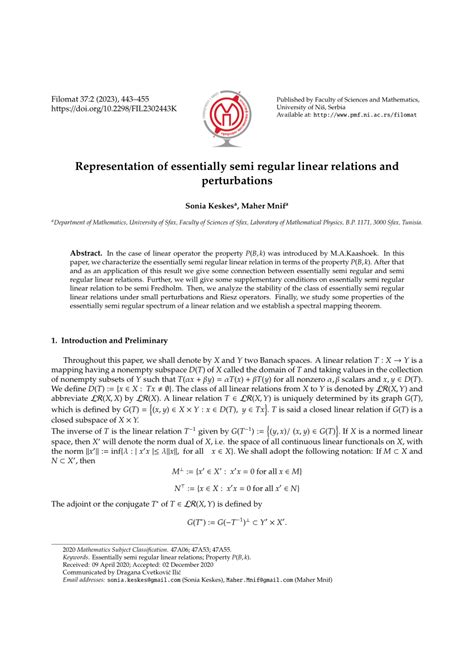 Pdf Representation Of Essentially Semi Regular Linear Relations And Perturbations