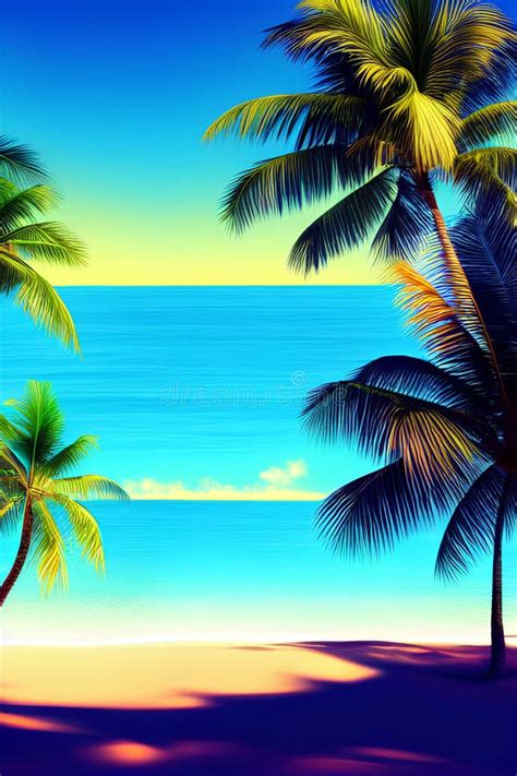 Tropical Beach Illustration Vintage Vibe Generative Ai Stock