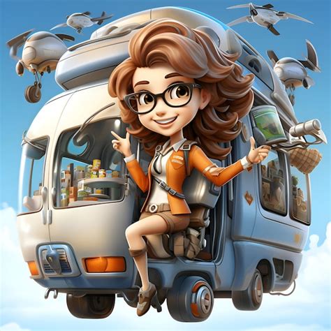 Premium Photo Cartoon Girl Traveling By Camper Van 3d Illustration