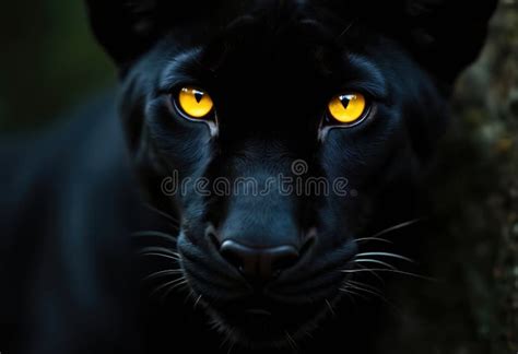 Close Up View Of Black Panther Face At Night Yellow Eyes Glow