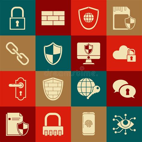 Set Eye Scan Protection Of Personal Data Cloud Computing Lock Shield With World Globe Chain