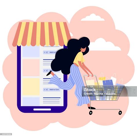 소녀 쇼핑 온라인 플랫 벡터 일러스트 레이션입니다 젊은 여성 구매 인터넷 상점에서 옷을 주문 현대 쇼핑객 패션 부티크 고객 만화 캐릭터입니다 소비주의 전자 쇼핑 개념 가방에