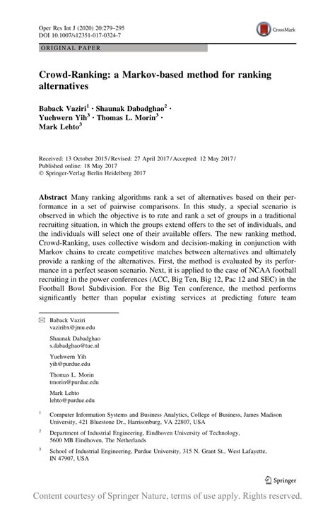 Crowd Ranking A Markov Based Method For Ranking Alternatives Request Pdf