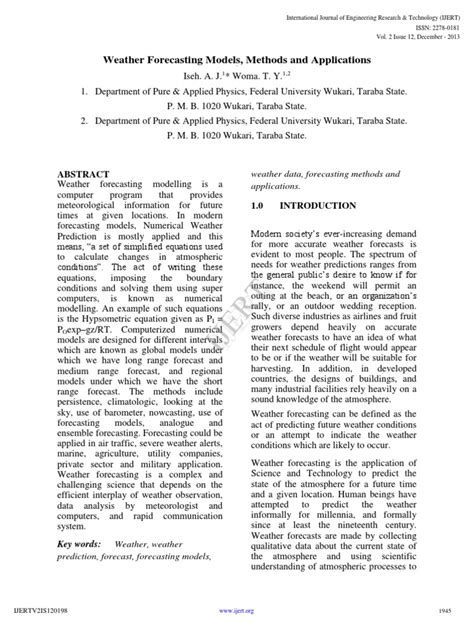 Weather Forecasting Models Methods And Applications Ijertv2is120198 Pdf Weather Forecasting