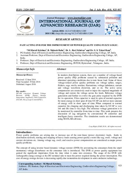 Pdf Fast Acting Dvr For The Improvement Of Power Quality Using Fuzzy
