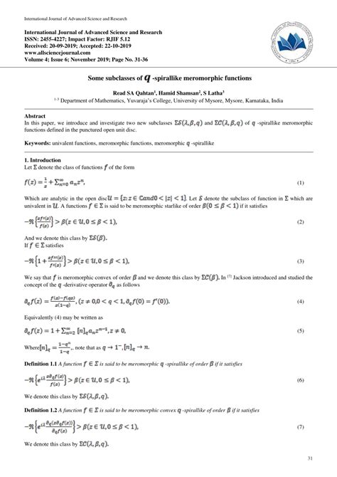 Pdf Some Subclasses Of Q Spirallike Meromorphic Functions
