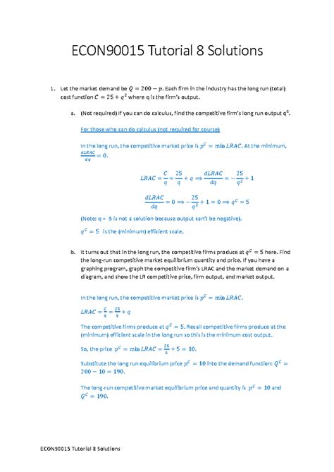 Econ90015 Week 8 Tutorial Solutions Econ90015 Tutorial 8 Solutions