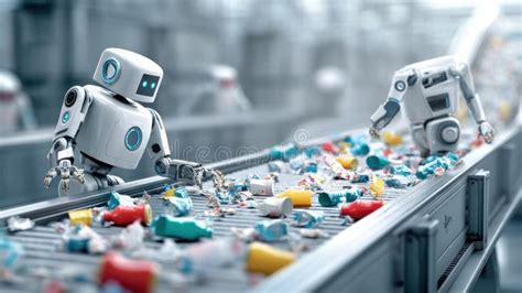 Futuristic Robots Sorting Trash Efficiently On A Conveyor Belt In A