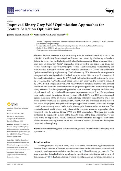 Pdf Improved Binary Grey Wolf Optimization Approaches For Feature Selection Optimization