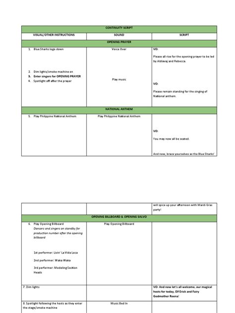 Continuity Script Visualother Instructions Sound Script Opening Prayer