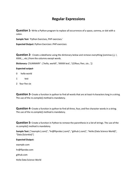 Regular Expressions Assignment Regular Expressions Question 1 Write