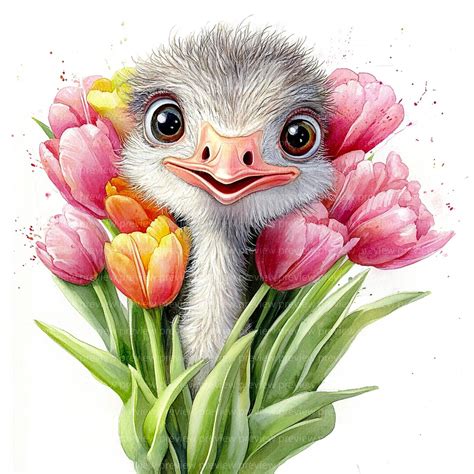 12 Flowers Ostrich Watercolor Clipart Whimsical Bird Art Floral