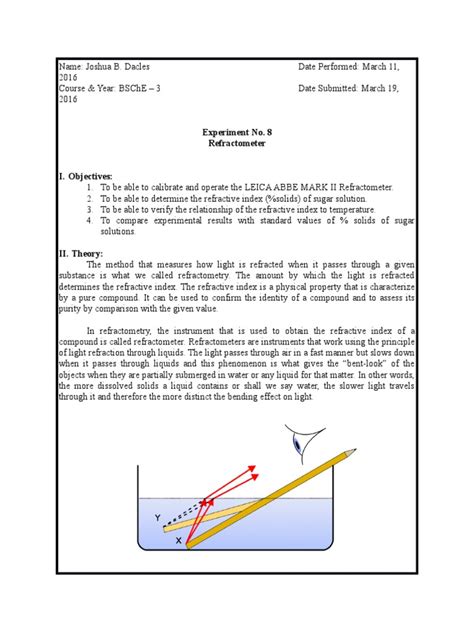 Experiment 8 Refractometer Pdf Refraction Refractive Index