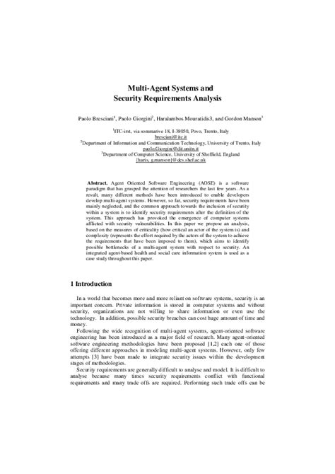 Pdf Multi Agent Systems And Security Requirements Analysis