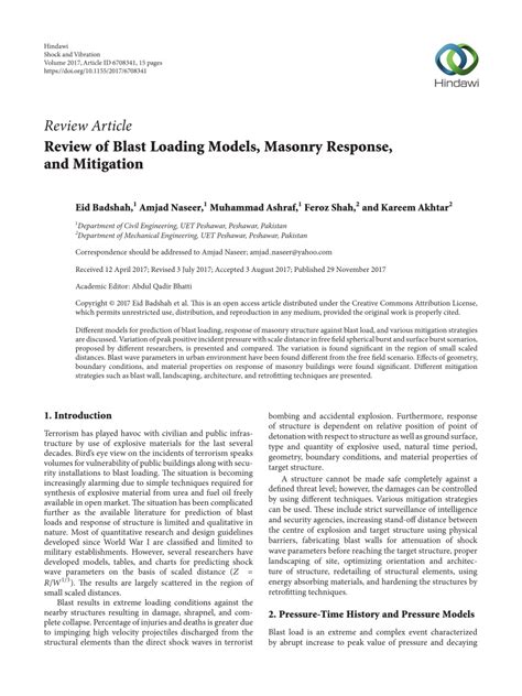 Pdf Review Of Blast Loading Models Masonry Response And Mitigation