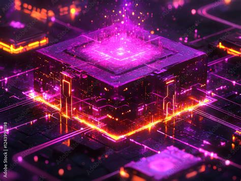 Futuristic Quantum Computer Visualizing Shors Algorithm With Glowing Entangled Qubits Performing