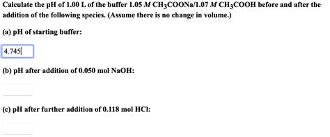 Solved Calculate The Ph Of 1 00 L Of The Buffer 1 05 M