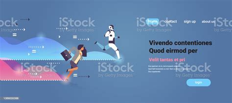 결승 선 인공 지능 기술 경쟁 개념 평면 수평 복사 공간을 실행 하는 비즈니스 여자와 경쟁 하는 로봇 스포츠 레이스에 대한 스톡 벡터 아트 및 기타 이미지 Istock