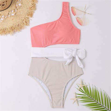 Neuxse Womens Swimwears Sexy One Shoulder Color Matching Belt Bikini