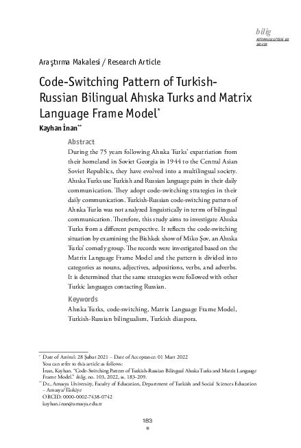Pdf Code Switching Pattern Of Turkish Russian Bilingual Ahıska Turks