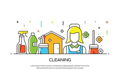 청소 관련 라인 스타일 배너 디자인 웹 페이지 헤드 라인 브로셔 연례 보고서 및 책 표지 가사 집안일에 대한 스톡 벡터 아트 및 기타 이미지 Istock