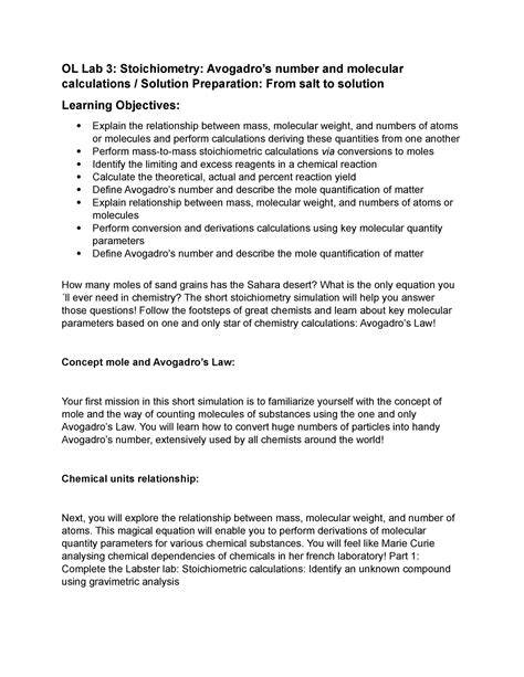 Lab Week 3 Chemistry OL Lab 3 Stoichiometry Avogadros Number And Molecular Calculations