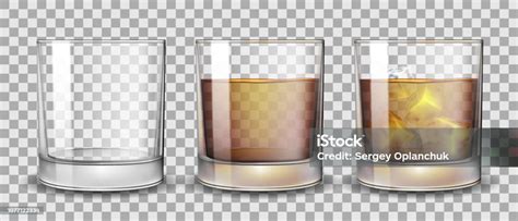 알코올 및 위스키 럼 부르봉 왕가 또는 코냑 안경의 집합입니다 투명 한 알코올 현실적인 스타일 음료 안경입니다 3d 일러스트 벡터 3차원 형태에 대한 스톡 벡터 아트 및