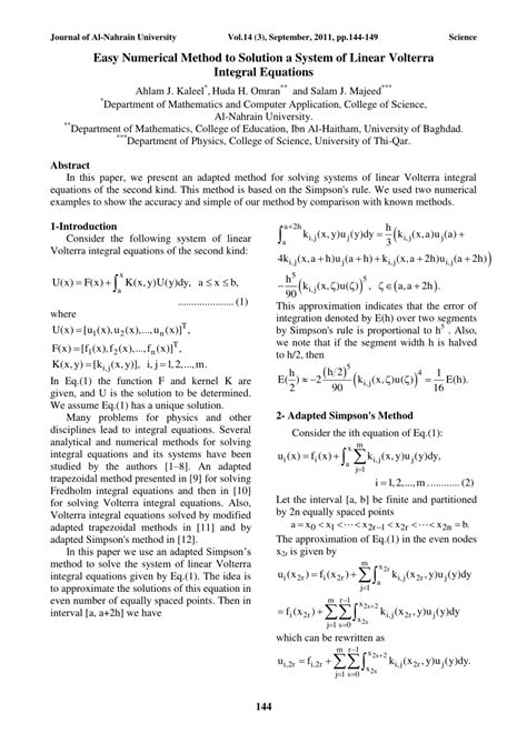 Pdf Easy Numerical Method To Solution A System Of Linear Volterra Integral Equations