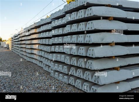 Stacks Of Concrete Railway Sleepers At The Construction Site Of A New Railway Investments In