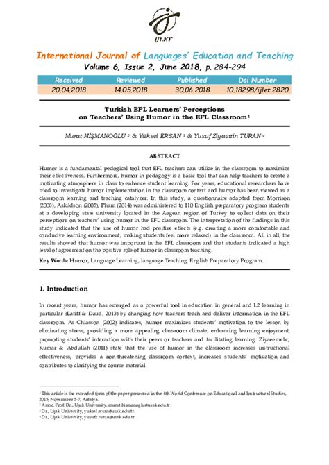 Pdf Turkish Efl Learners Perceptions On Teachers Using Humor In The Efl Classroom