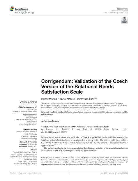Pdf Corrigendum Validation Of The Czech Version Of The Relational Needs Satisfaction Scale