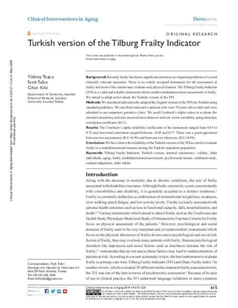 Pdf Turkish Version Of The Tilburg Frailty Indicator Fatih Tufan