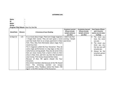 Listening Log Now You See Me Listening Log Name Id Major Group Program Title Movie