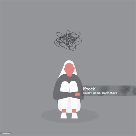 젊은 우울한 여성 캐릭터는 그녀의 무릎을 껴안고 슬픔의 단계 정서적 문제 자살 생각 정신 건강 밀레니엄 세대의 현대 생활 회색