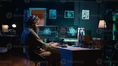Man With Eeg Headset On Writing Code Allowing Him To Transfer Mind Into Computer Virtual World