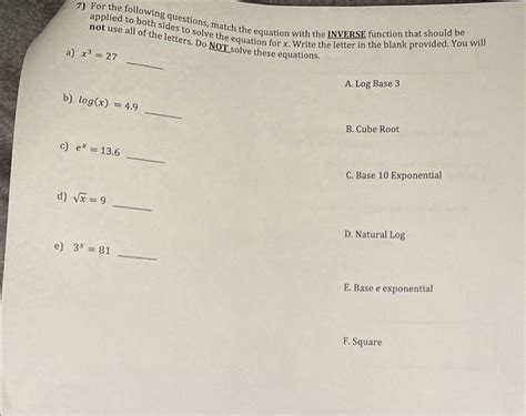 Solved 7 For The Following Questions Match The Equation