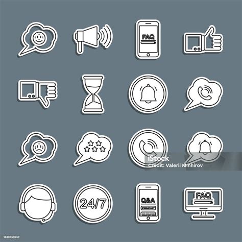 Faq 정보 말풍선 채팅 알림 전화 통화 모바일 모래 시계 싫어요 웃는 얼굴 및 버튼 아이콘으로 라인 모니터를 설정합니다 벡터