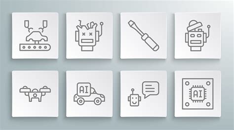 세트 라인 드론 깨진 로봇 자율 스마트 자동차 봇 미세 회로 Cpu가 있는 프로세서 드라이버 로봇 및 로봇 팔 공장 아이콘 벡터