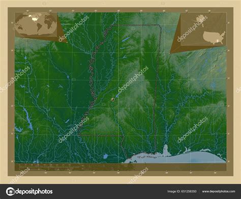 Mississippi State United States America Colored Elevation Map Lakes