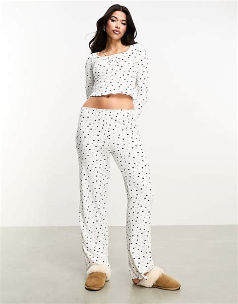 Boux Avenue Heart Print Ribbed Top And Wide Leg Pants Nightwear Set In