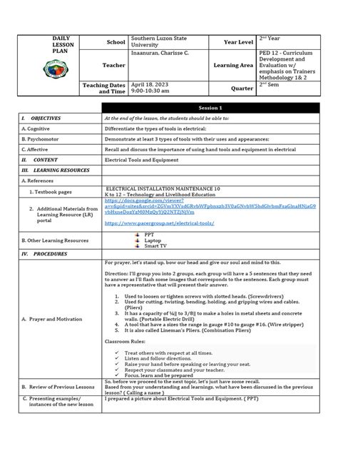 Electrical Tools And Equipment Lesson Plan Pdf Screw Wire