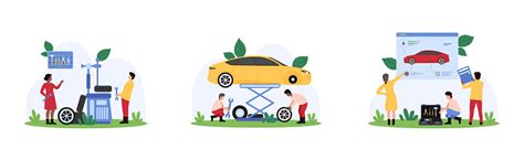 자동차 서비스 바퀴 및 타이어 세트의 수리 및 진단 작은 사람들은 자동차를 들어 올립니다 개념에 대한 스톡 벡터 아트 및 기타