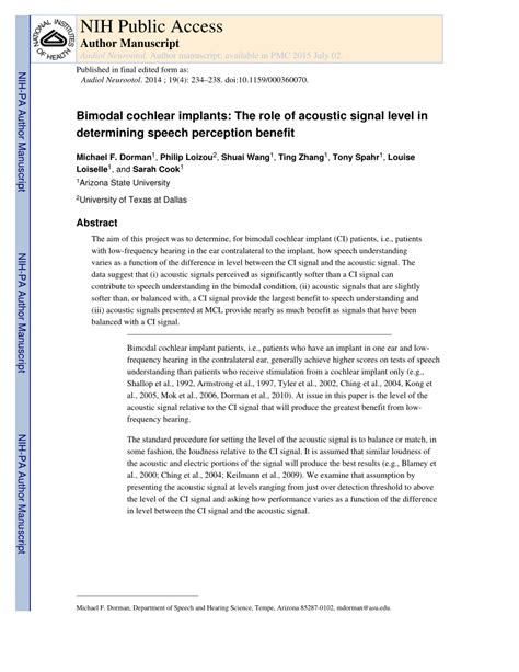 Pdf Bimodal Cochlear Implants The Role Of Acoustic Signal Level In Determining Speech