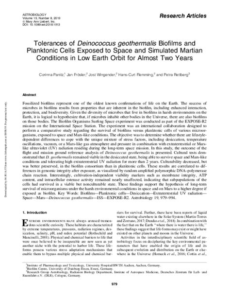 Pdf Tolerances Of Deinococcus Geothermalis Biofilms And Planktonic