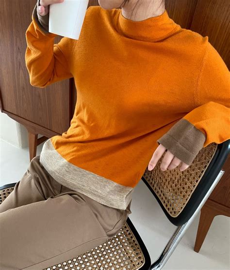 소매 배색 반폴라 캐시미어 니트 4컬러