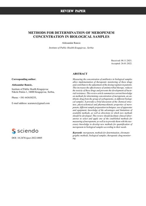 Pdf Methods For Determination Of Meropenem Concentration In Biological Samples