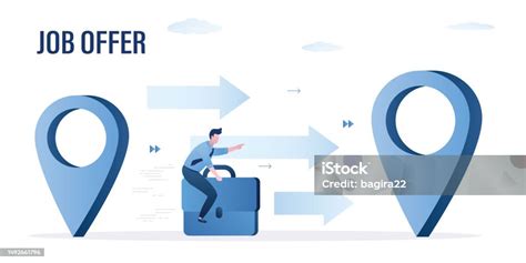 구인 노동자 남자는 큰 서류 가방에 앉아 새로운 직장으로 서둘러 달려갑니다 거대한 내비게이션 표지판 남성 지원자가 새로운 공석으로 이사하고 있습니다 고용 개념 배너 개념에