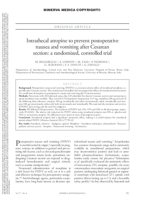 Pdf Intrathecal Atropine To Prevent Postoperative Nausea And Vomiting After Cesarean Section