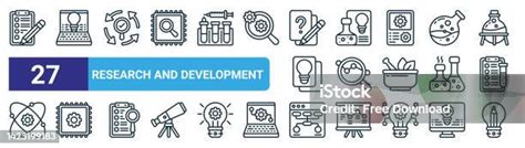 클립 보드 노트북 돋보기 문서 돋보기 칩 웹 페이지 웹 디자인 모바일 앱을위한 전구 벡터 얇은 선 아이콘과 같은 27 개의 개요 웹 연구 개발 아이콘 세트 0명에 대한 스톡