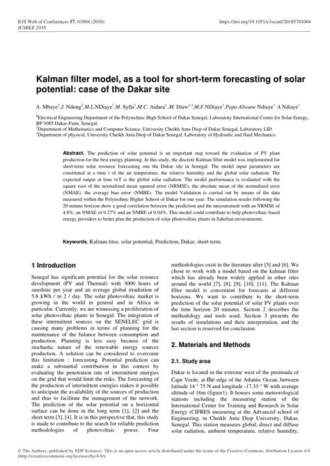 Pdf Kalman Filter Model As A Tool For Short Term Forecasting Of Solar Potential Case Of The